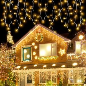 mo qiu e 456 led christmas icicle lights outdoor decor 35.4ft 72 drops 8 modes plug in window curtain fairy string dripping light decoration home holiday indoor eave garden (warm white)