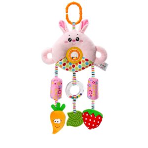 d-kingchy baby car seat stroller toys hanging animal plush toys soft teething rattle toys newborn crib bed around stuffed toy with wind bell, teether, rattle sound, ring for 0-3 years old (rabbit)