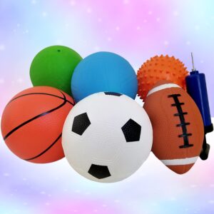 full set 6 sports balls with 1 pump 5" soccer, 5" basketball, 5" volleyball, 5" playground, 5" knobby ball, and 6.5" football - best toy gifts for kids (pack of 6)