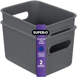 superio ribbed collection - decorative plastic open home storage bins organizer baskets, small grey (2 pack) container boxes for organizing closet shelves drawer shelf 1.5 liter