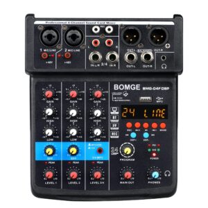 bomge 4 channel mini dj audio sound mixer interface with mp3、 usb, bluetooth, stereo recording, 48v phantom power, 24 dsp for karaoke, performance, church singing 、 podcas streaming