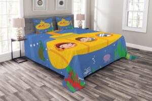 ambesonne yellow submarine bedspread, cartoon characters and dog puppy in underwater ship colorful nautical art, decorative quilted 3 piece coverlet set with 2 pillow shams, king size, multicolor