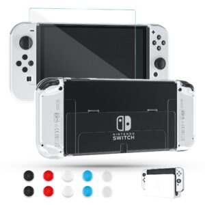 fundiary dockable clear case for nintendo switch oled model 2021 skin, accessories cover for switch oled console & joycon with screen protector and 10 pcs thumb caps - full protection by flip shell