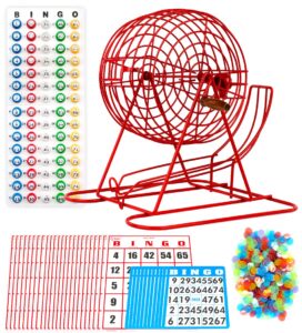 regal bingo professional bingo game set with 11" wheel cage, 75 bingo balls, master board, 18 bingo cards & 25 jumbo reusable cards, and colorful chips - bingo games for adults large group - red