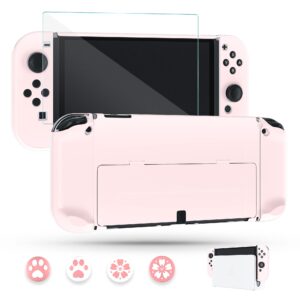 fundiary dockable pink case for nintendo switch oled model 2021 skin, accessories cover for switch oled console & joycon with screen protector and 4 thumb grip caps - full protection by flip shell