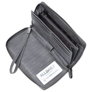 women's rfid blocking leather zip around wallet large phone holder clutch travel purse wristlet (grey)