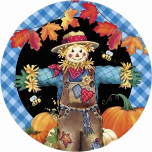 round metal tin sign rustic wall decor wall plaque fall scarecrow wreath sign,suitable for home garden kitchen bar cafe restaurant garage wall decor retro vintage 12x12 inch