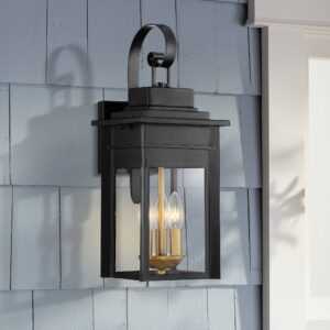 franklin iron works bransford rustic farmhouse outdoor wall light fixture black 3-light 19" clear glass shade for exterior barn deck house porch yard patio outside garage front door garden home