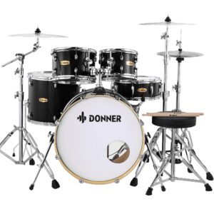 donner drum set adult with practice mute pad,5-piece 22 inch full size acoustic drum kit for beginner,red- dds-520