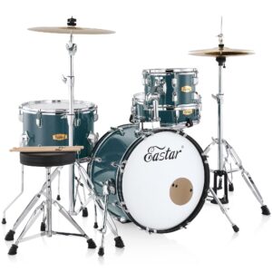 eastar adult drum set - 18-inch full-size drum kit for adults, 4 drum 2 cymbal drum complete drum kit for intermediate drummers, blue (eds-540be)