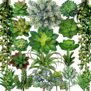 winlyn 19 pcs assorted artificial succulents plants unpotted small green aloe hops cactus string of pearls picks fake succulents bulk for succulent garden floral arrangement indoor outdoor home decor