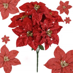 nubry 10pcs artificial poinsettia flower heads with 2pcs stems fake red christmast decoration faux flowers bouquet for christmas tree home garden decor (5-red-11in)