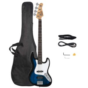 glarry gjazz electric bass guitar 4 string full size for beginner right hand with shoulder strap, wrench tool, power line and bag (dark blue)