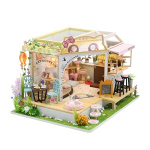 kisoy dollhouse miniature with furniture kit, handmade diy house model for teens adult gift (cat cafe garden)