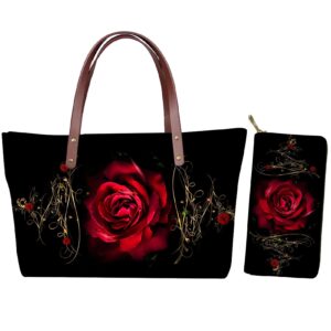 zfrxign red rose purse and wallet set for women handbags girls gifts shoulder bag fashion top handle tote with coin pockets black