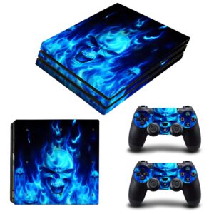 fottcz vinyl skin for ps4 pro console & controllers only, sticker decorate and protect equipment surface, blue flame evil spirit