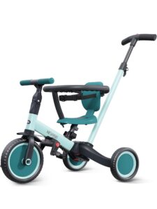 newyoo tr008 toddler push tricycle, toddler bike for 1-3 years olds, birthday gift for boys and girls, 5 in 1 balance bike with handle, kids trike with safe bar, green