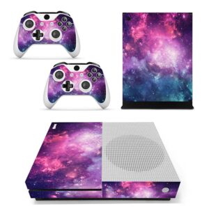 fottcz vinyl skin for xbox one slim console & controllers only, sticker decorate and protect equipment surface, purple cyan nebula