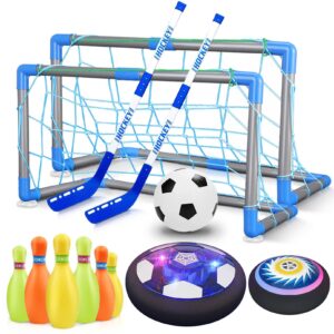 hoperock 3-in-1 hover soccer ball hockey bowling set, indoor and outdoor toys for kids ages 3-12, outside toys with led lights, christmas birthday gifts for 3 4 5 6 7 8 9+ year old boys girls