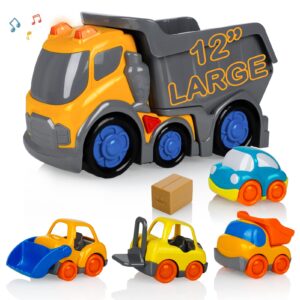 car toys for 2 3 4 5 years old toddlers boys and girls,12‘’ big dump truck with light and sound, push and go small bulldozer forklift truck, vehicles playset for christmas birthday gift