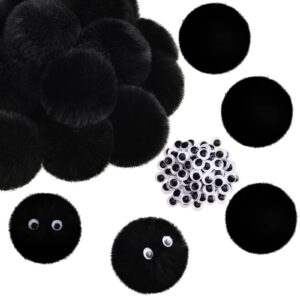 30 pieces 2.6 inch black pom pom balls fluffy craft pom poms large black pom poms creative crafts decorations with 100 pieces plastic self-adhesive googly eyes for diy craft christmas party decoration