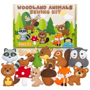 dezzy's workshop sewing kit for kids - woodland animals kids sewing kit - make your own stuffed animal kit - felt stitch art and craft toys for boys and girls - childrens diy crafting and sewing