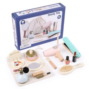 xaohao pretend play,wooden beauty salon toys for girls, make up set toy gift,15 pieces makeup play set with makeup,perfume,lipstick,mirror, hair dryer,mascara, cosmetics case and storage bag