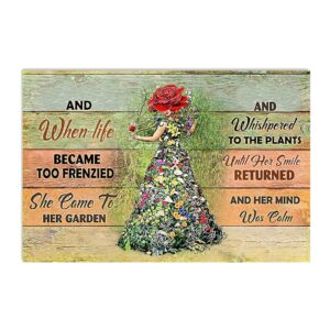 vintage novelty funny tin signs when life became too frenzied she came to her garden and whispered to the plants paper poster, girl loves garden wall art, garden lover wall decor bar 8x12inch