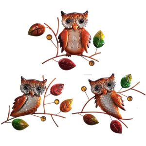 org owl trio metal wall art decoration for harvest thanksgiving halloween, owl wall plaque sculpture hanging for garden,patio,living room,dining room bathroom , 3 pack, orange, 26*1.5*20 cm