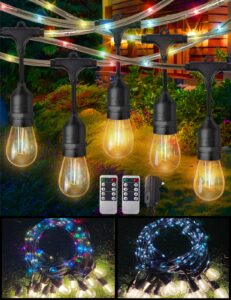 classhine 48ft rgb & white outdoor string lights dimmable with remote, patio lights waterproof, timer, 15 hanging sockets, 15+3 edison led shatterproof bulbs, deck porch fence decoration