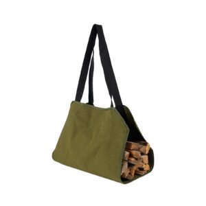 ekdjkk large canvas log carrier bag, 100 x 50cm waterproof fireplace firewood storage bag indoor outdoor log holder waxed wood carrier with padding straps (green)