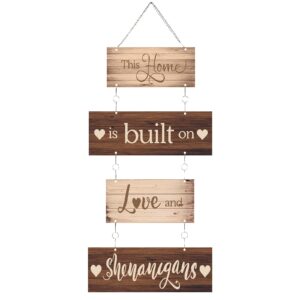 4 pcs home family sign this home is built on love and shenanigans hanging home decor sign rustic wooden farmhouse wall decoration for living room bedroom indoor outdoor(mixed colors)