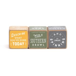 demdaco do something funny green, yellow, and gray 2 inch square wood dice game set of 3