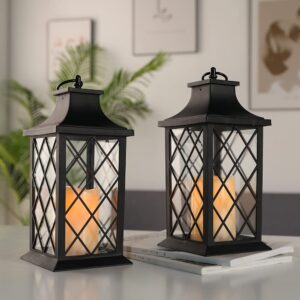 jhy design set of 2 vintage candle lantern 12''high waterproof candle plastic lantern with led flickering flameless candle with 6h timer halloween decorations for balcony garden hallway indoor outdoor