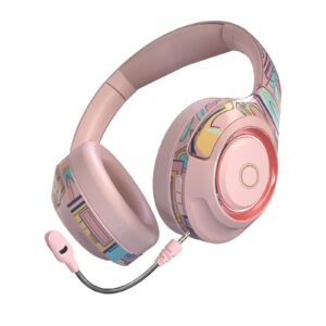 wireless over ear gaming headset, rgb colored bluetooth 5.1 hifi stereo headphones with pluggable noise cancelling mic, 24hrs playtime - graffiti ()