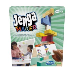 hasbro gaming jenga maker, wooden blocks, stacking tower game, game for kids ages 8 and up, game for 2-6 players, play in teams