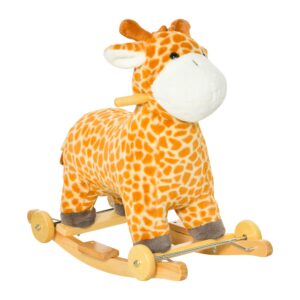 qaba 2-in-1 kids plush ride-on rocking horse toy, giraffe-shaped plush rocker with realistic sounds for children 3 to 6 years, yellow