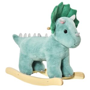 qaba kids plush ride-on rocking horse triceratops-shaped plush toy rocker with realistic sounds for child 36-72 months dark green