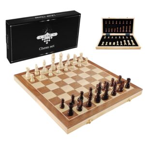 leap wooden chess set 15" magnetic type 02 | 2 extra queens - folding board -strong magnetic | portable travel chess board game sets with all pieces storage slots - all age set for adults