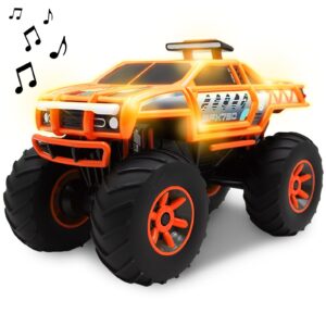 monster truck with lights & sounds, motorized orange truck for boys, girls, toddlers 3+