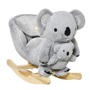 qaba kids ride-on rocking horse, koala-shaped rocker with realistic sounds for children 18-36 months, gray