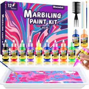 hiwawind water marbling paint art kit for kids - art supplies for kids 9-12, arts & crafts for girls kids 8-12, ideal gifts for 6 7 8 9 10 11 12 year old girls (12 colors)