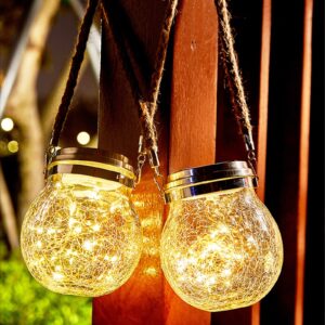 aboxoo solar light hanging lantern led 2 packs solar lights crackle glass ball with warm light ,waterproof solar powered lanterns decorative for patio garden yard.