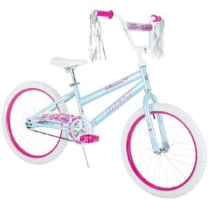 huffy illuminate 20” girl’s bike, sky blue frame with butterfly graphics, kickstand included, streamers and chain guard, white tires and pink rims