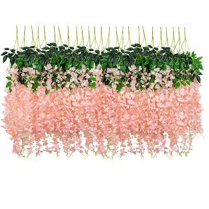 luzoga 25 pack (90.2ft) artificial wisteria flowers fake vine ratta hanging garland silk flowers string for home party garden wedding decor(light pink)