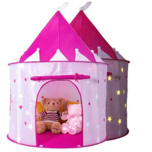 princess castle play tent with glow in the dark stars, foldable pink pop up kids tent playhouse toys, for indoor outdoor toddler children girls gifts tent girls toys age 3/4/5/6/7/8/9 years old