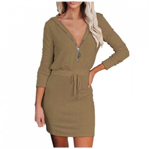 padaleks womens casual hoodie dress cozy solid long sleeve zipper slim fit dresses pullover sweater with belted