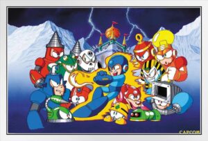 mega man bosses art video game video gamer classic retro vintage 90s gaming megaman capcom legacy collection megaman 11 mega man x dr wily white wood framed poster 14x20