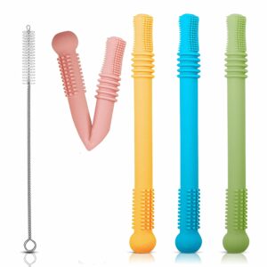 samar valley teething tubes - pack of 4 safe silicone baby straws with cleaning brush and different surfaces/colors for healthy molar growth, color recognition, and motor control