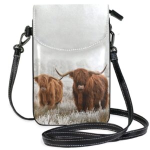 hairy scottish highlanders cows small crossbody cell phone bag for women, mini shoulder handbag wallet card hold purse